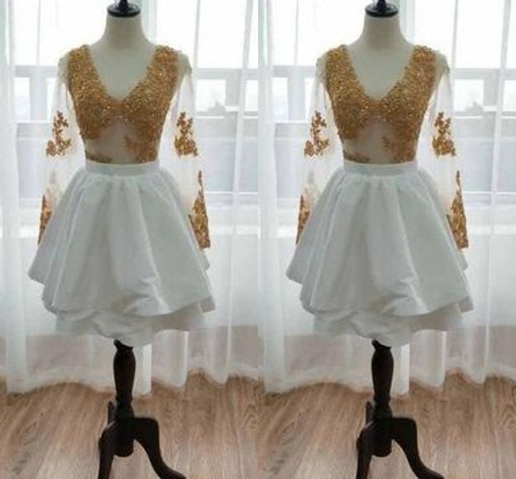 2020 White And Gold Lace Short Cocktail Prom Dress Real Photo Long
