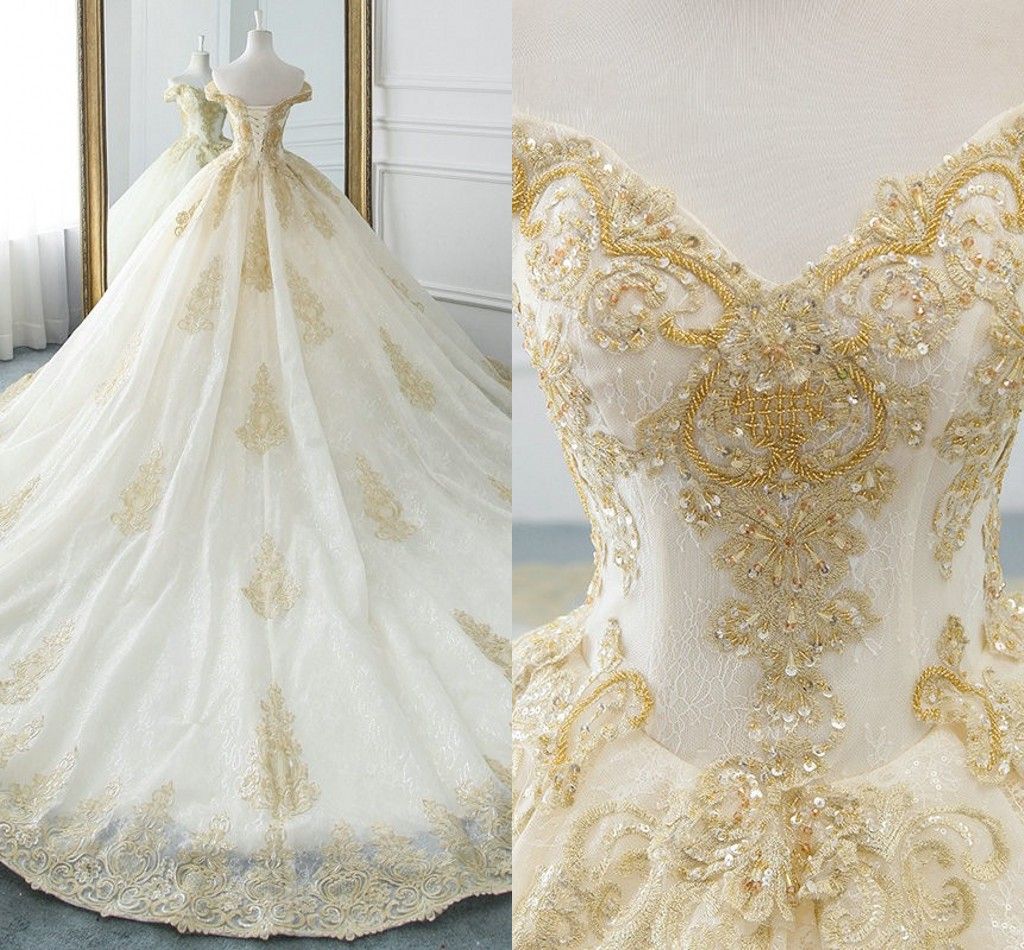 Gorgeous Royal Train Champagne Wedding Dresses Gold Beaded Lace Crystal ...