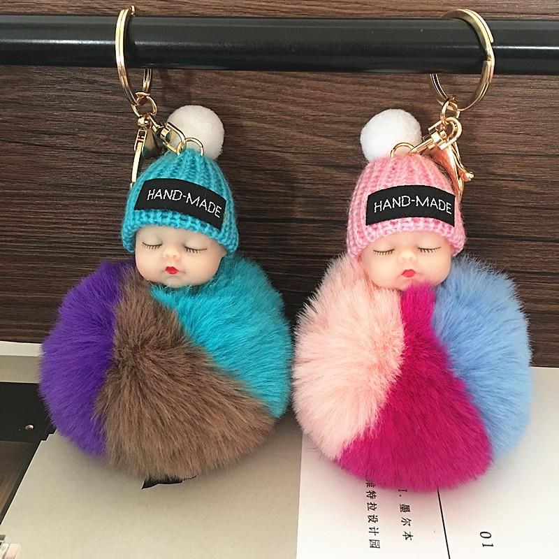 Cute Sleeping Baby Doll Keychain Faux Pompom Rabbit Fur Ball Plush Key ...