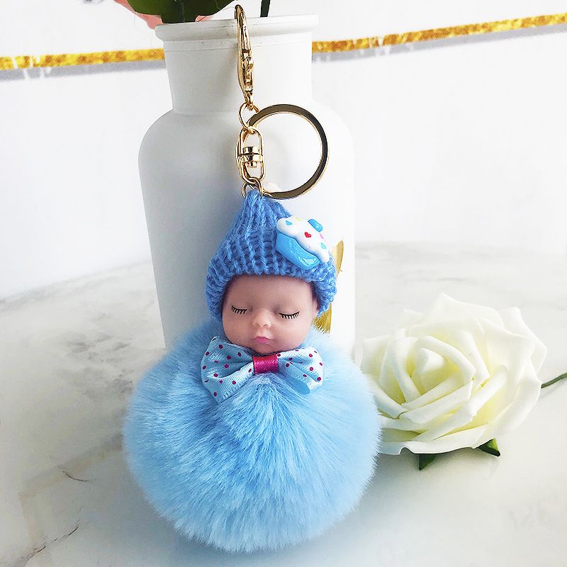 Cute Sleeping Baby Doll Keychain Bow Pompom Ball Carabiner Key Chain ...