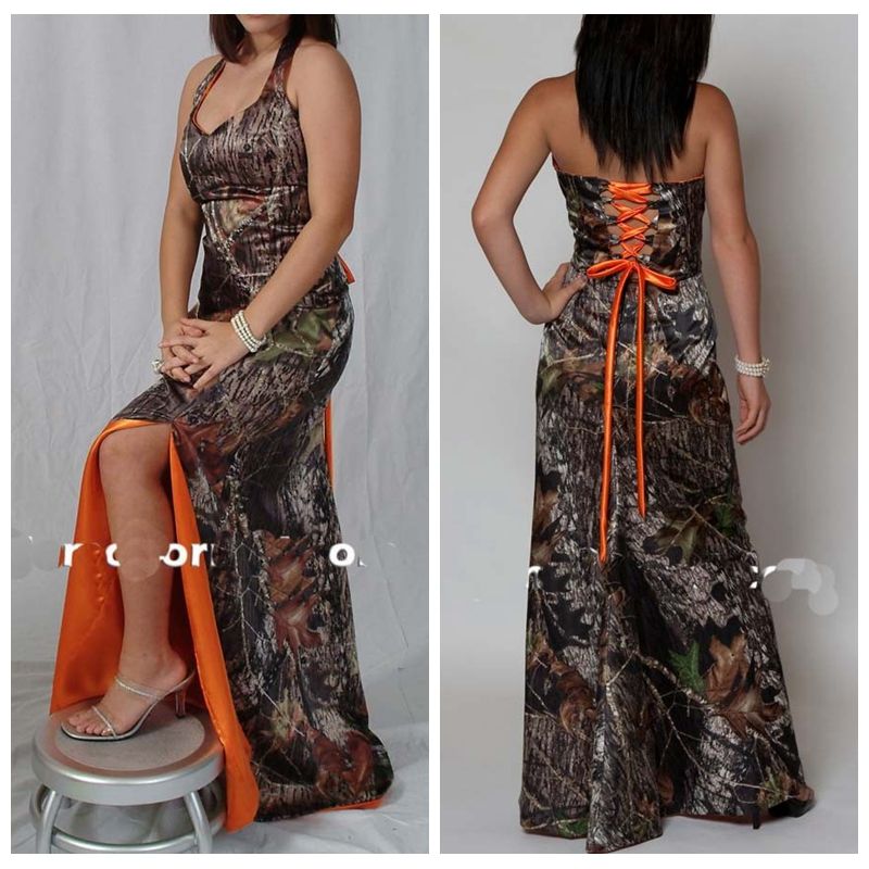 2020 Halter Camo Long Camouflage Bridesmaids Dresses Split Custom Lace
