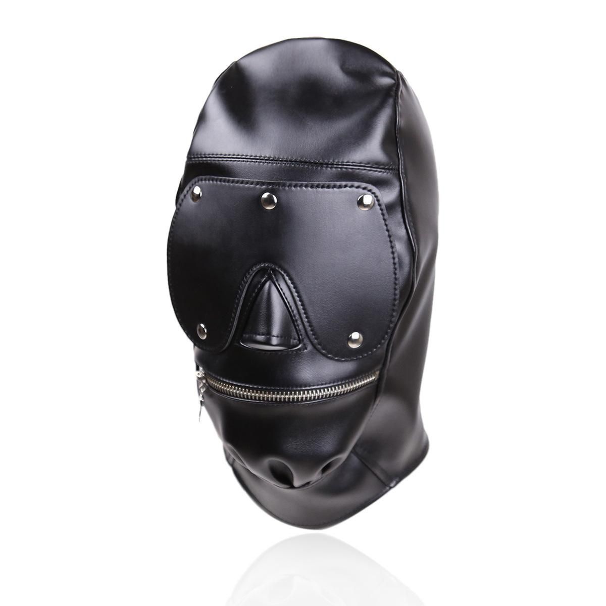 Faux Leather Hood Harness Mask Masque Mouth Gag Bondage Headgear Zipper ...