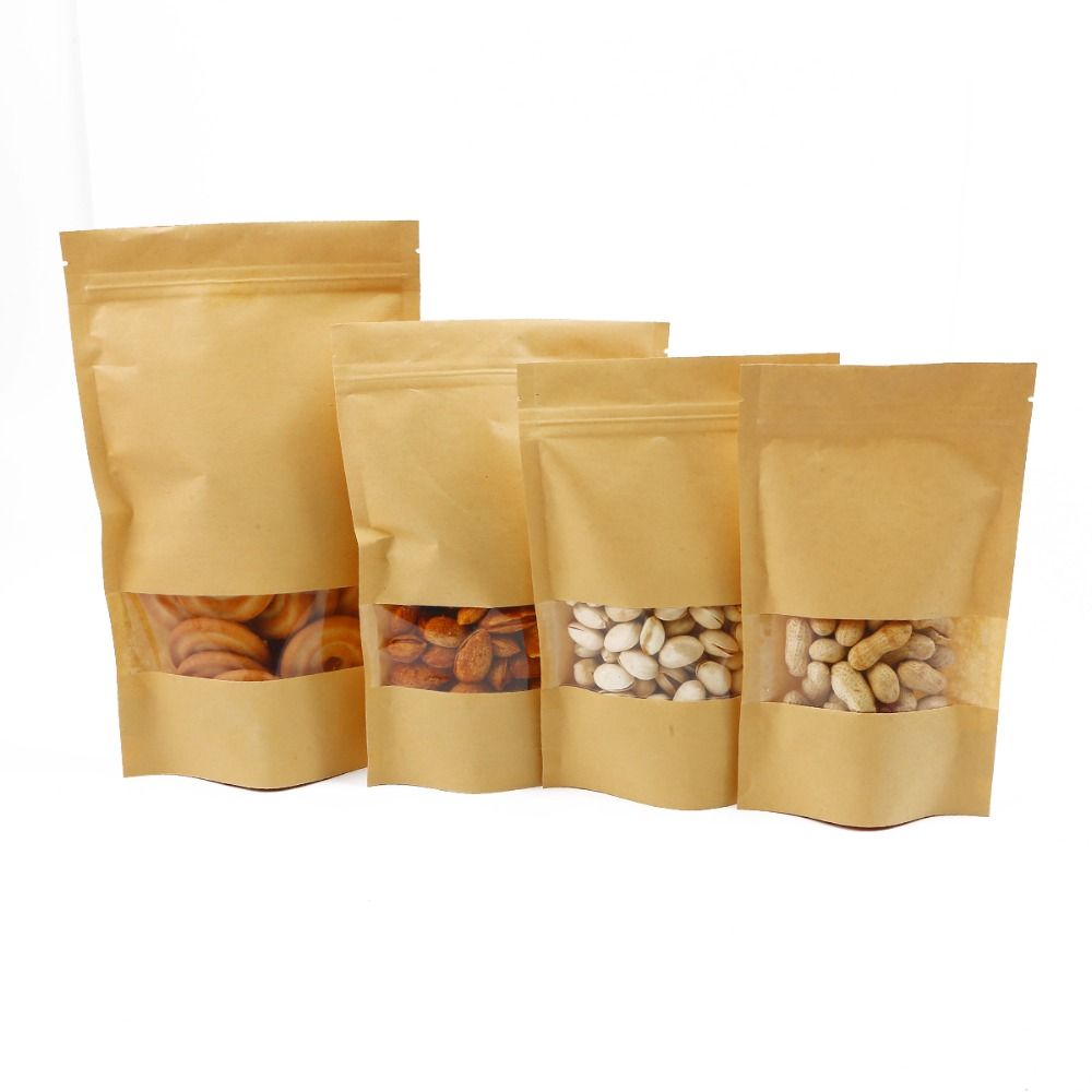 Brown Kraft Paper Bag Zip Lock Bag With Window Gift Packaging Stand Up ...