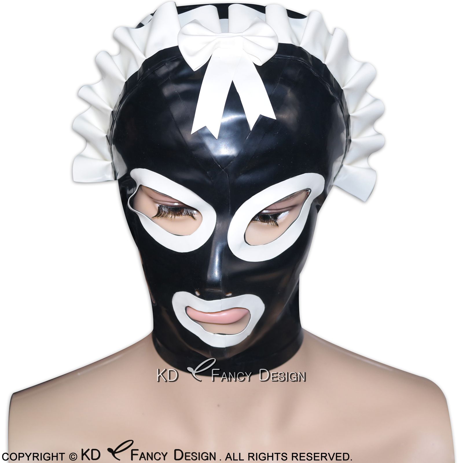 Black And White French Maid Latex Hood With Zippers At Back Open Eyes