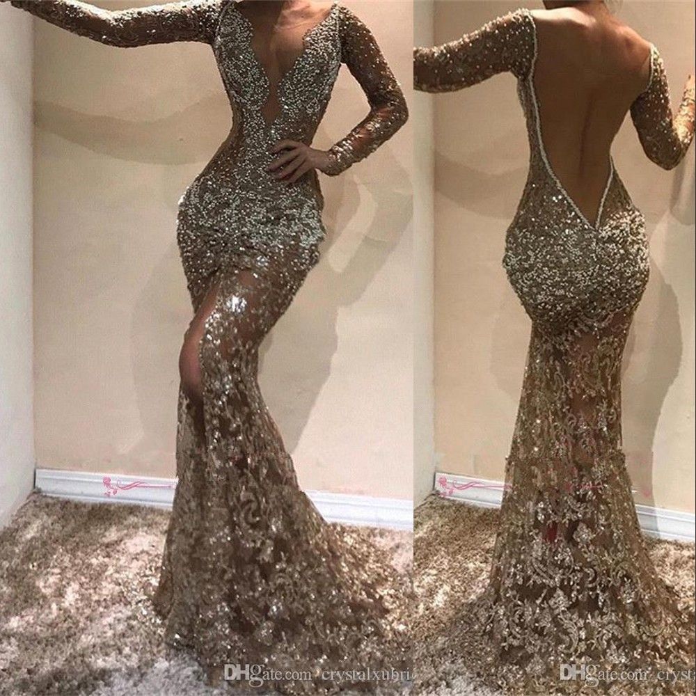 New Cheap Long Bling Prom Dresses Deep V Neck Long Sleeves Illusion ...