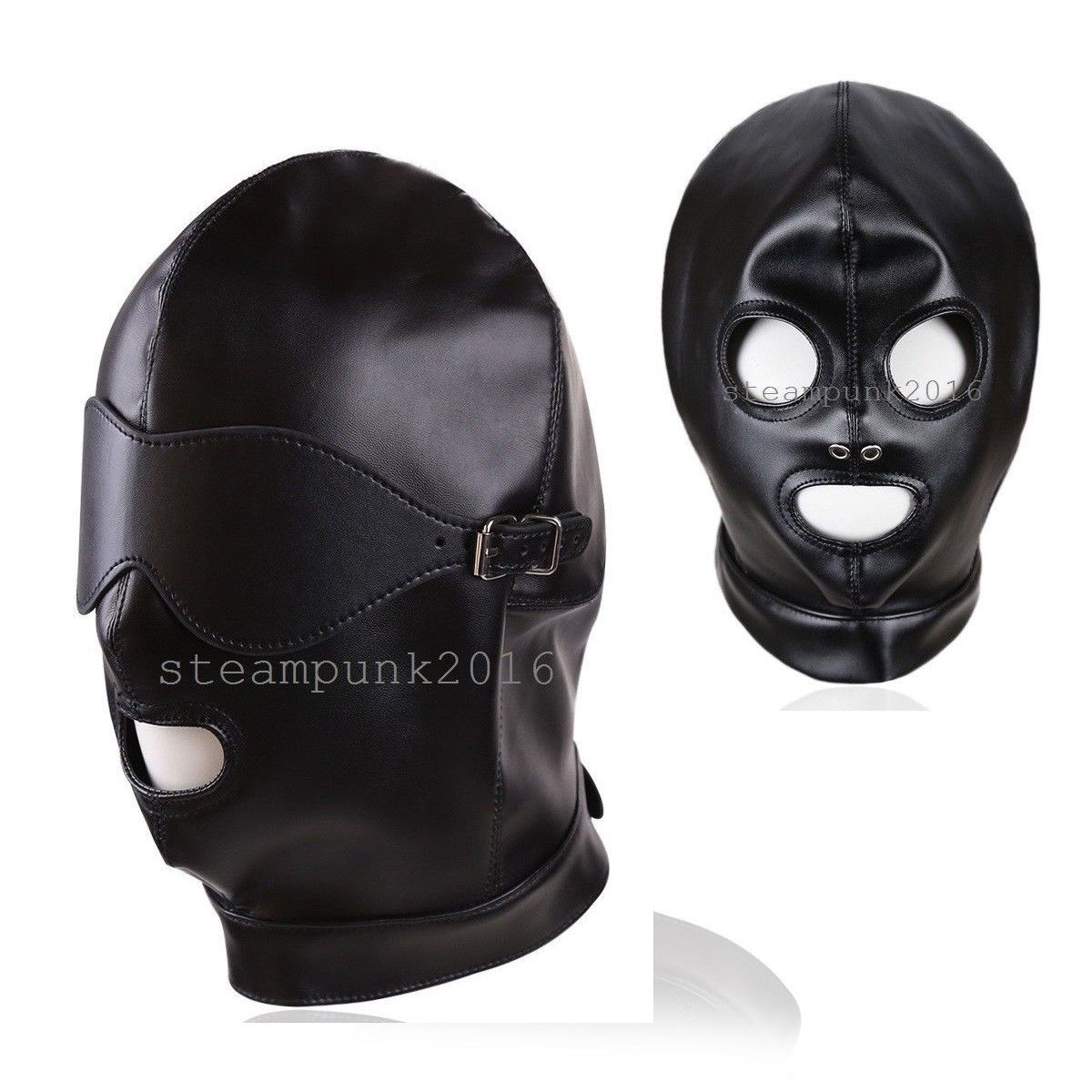 Faux Leather Mouth Open Mask Removable Blindfold Eyepatch Head Hood ...