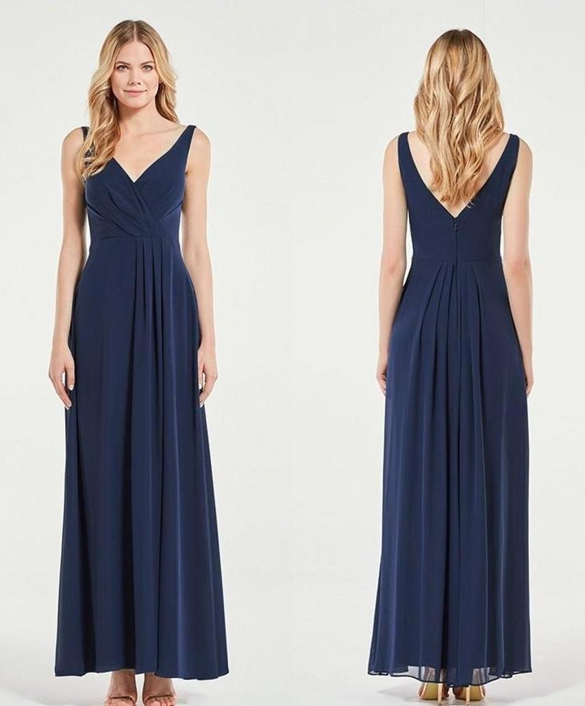 Navy Blue Straps Deep V Neck Ruched Long Chiffon Bridesmaid Dresses ...