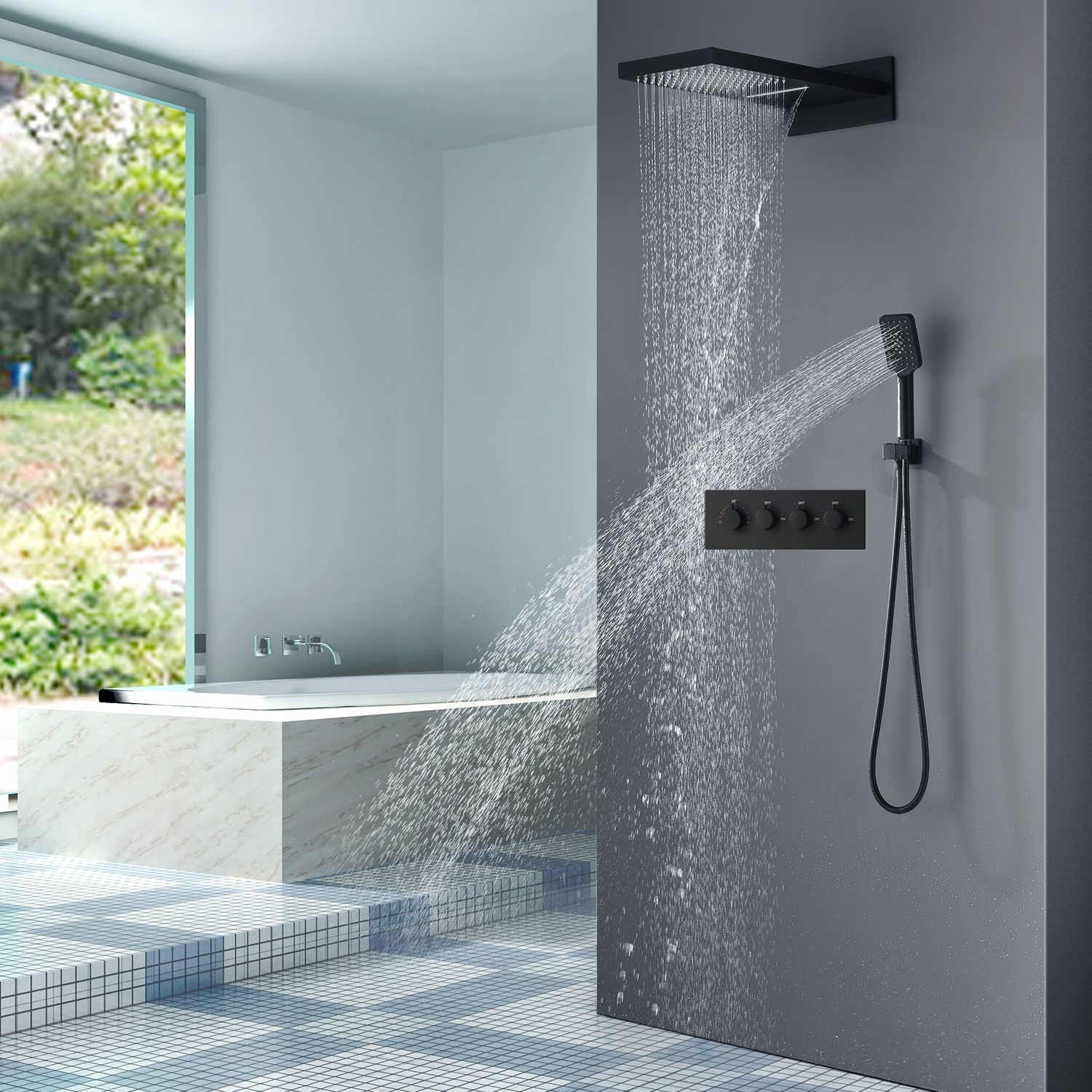 2020 Black Shower Set Rainfall Waterfall Shower Head Panel Thermostatic ...