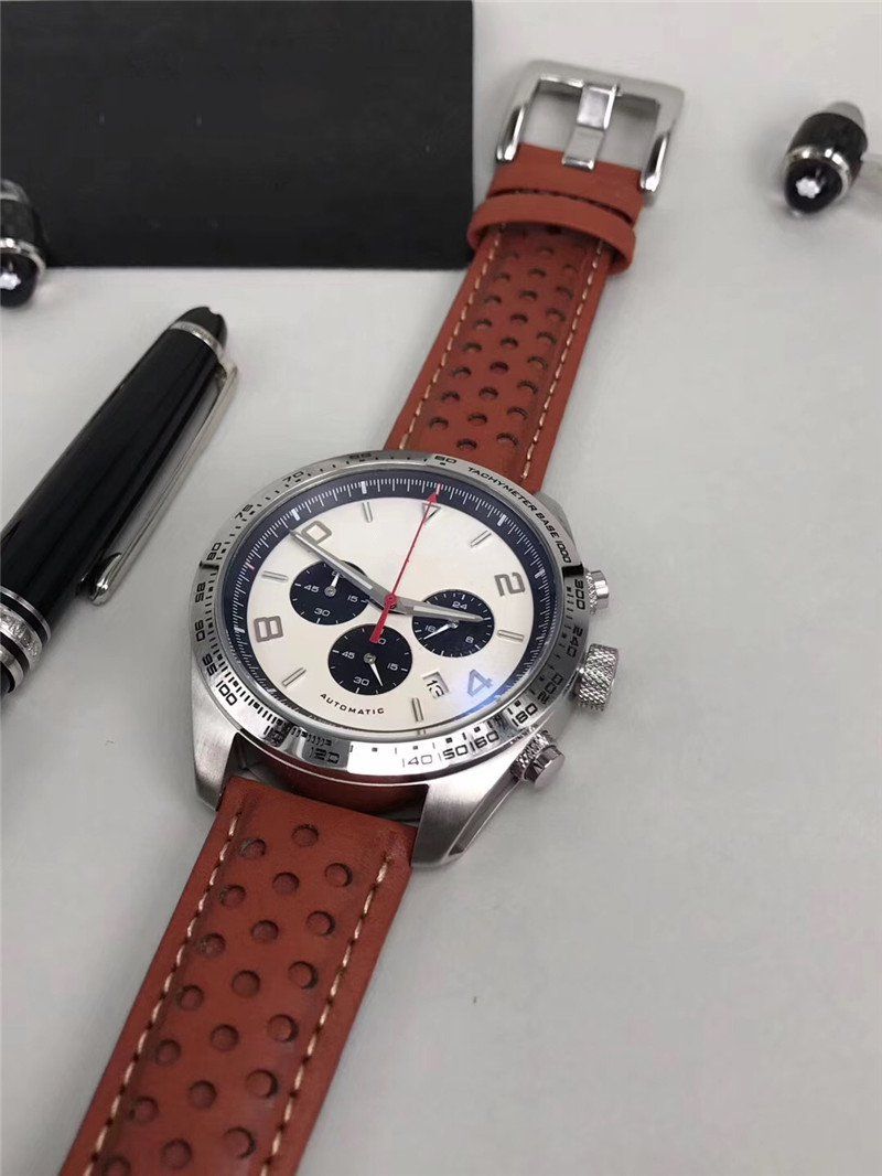 New Chronograph Mens Brown Leather Watch Stainless Steel Mechanical ...