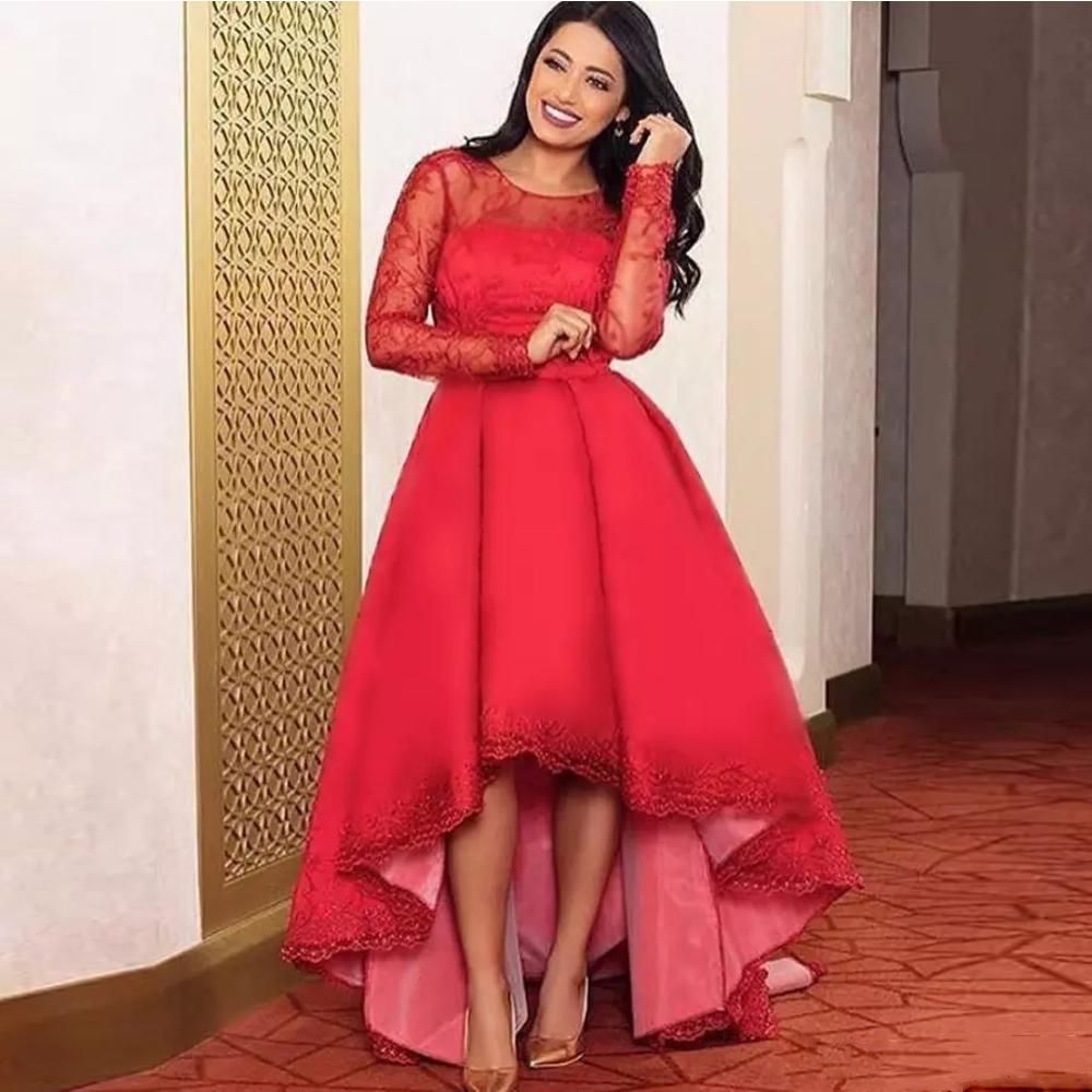 Plus Size Red High Low Prom Dresses Scoop Neck Long Sleeve Lace ...