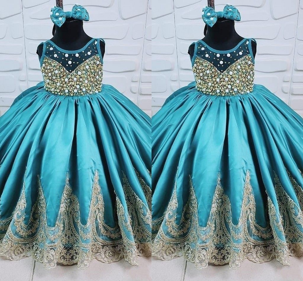 Dark Green Cupcake Girls Pageant Dresses Ball Gown Pearls Beaded Jewel ...