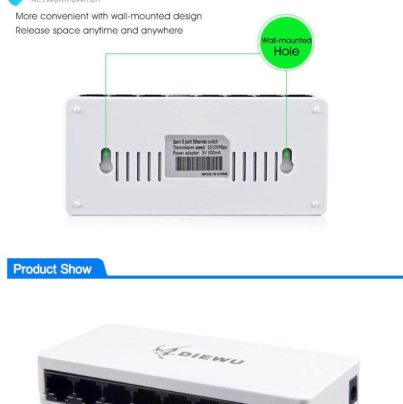 High Performance Mini Network Switch HUB 8 Port 10/100Mbps Fast LAN ...