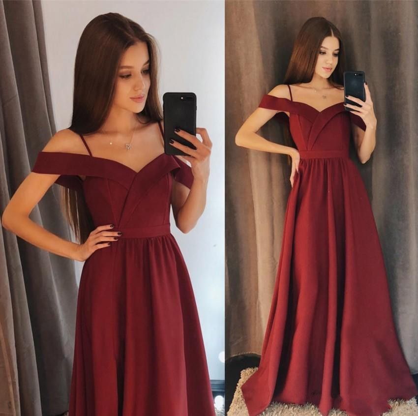 2019 New Sexy Burgundy Prom Dresses Spaghetti A Line Off Shoulder Cap