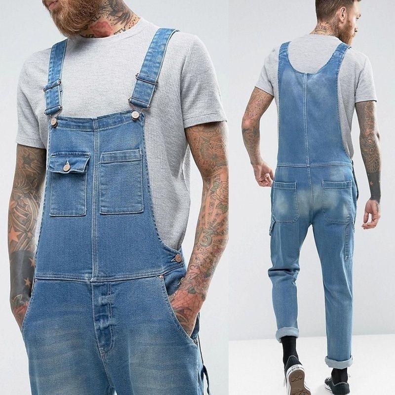 2020 Mens Fashion Casual Denim Jumpsuit Pocket Jeans Overalls For Men Straight Leg Denim Rompers