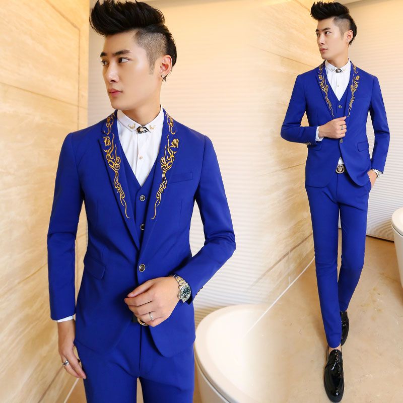 Fashion Slim Fit Blue Mens Formal Suits 2015 Notched Lapel Embroidery ...