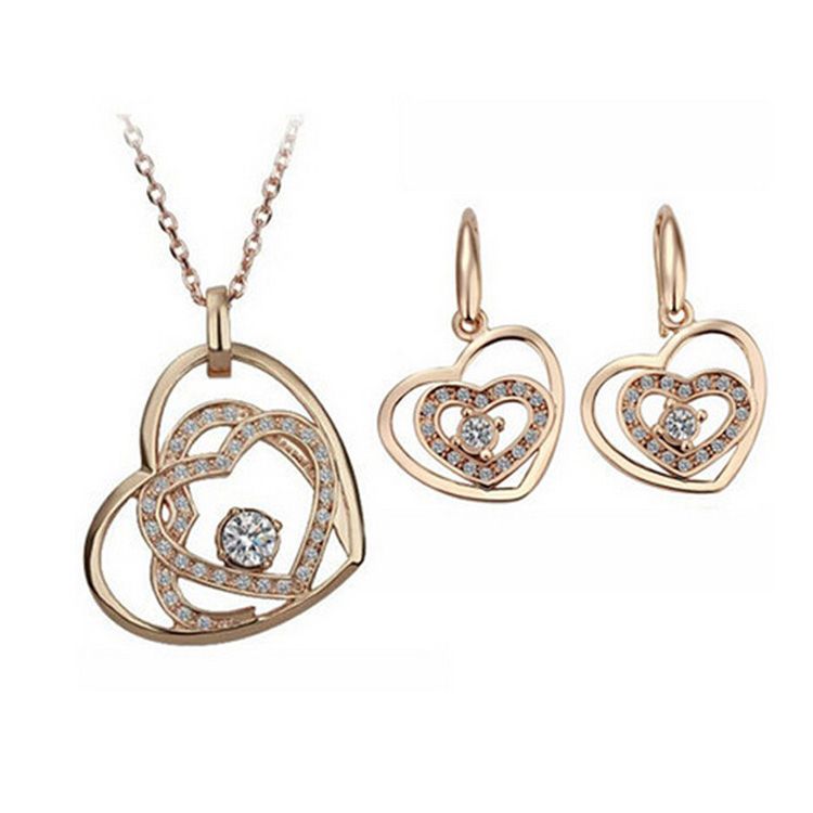 2019 Fashion Heart Zircon Necklace Earrings Sets Double Heart Jewelry ...