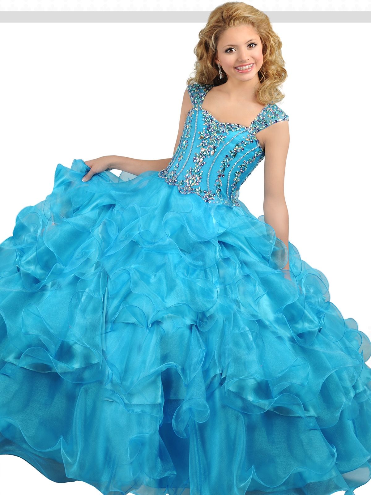 2020 Sky Blue Girls Pageant Dress Ball Gown Long Turquoise Organza ...