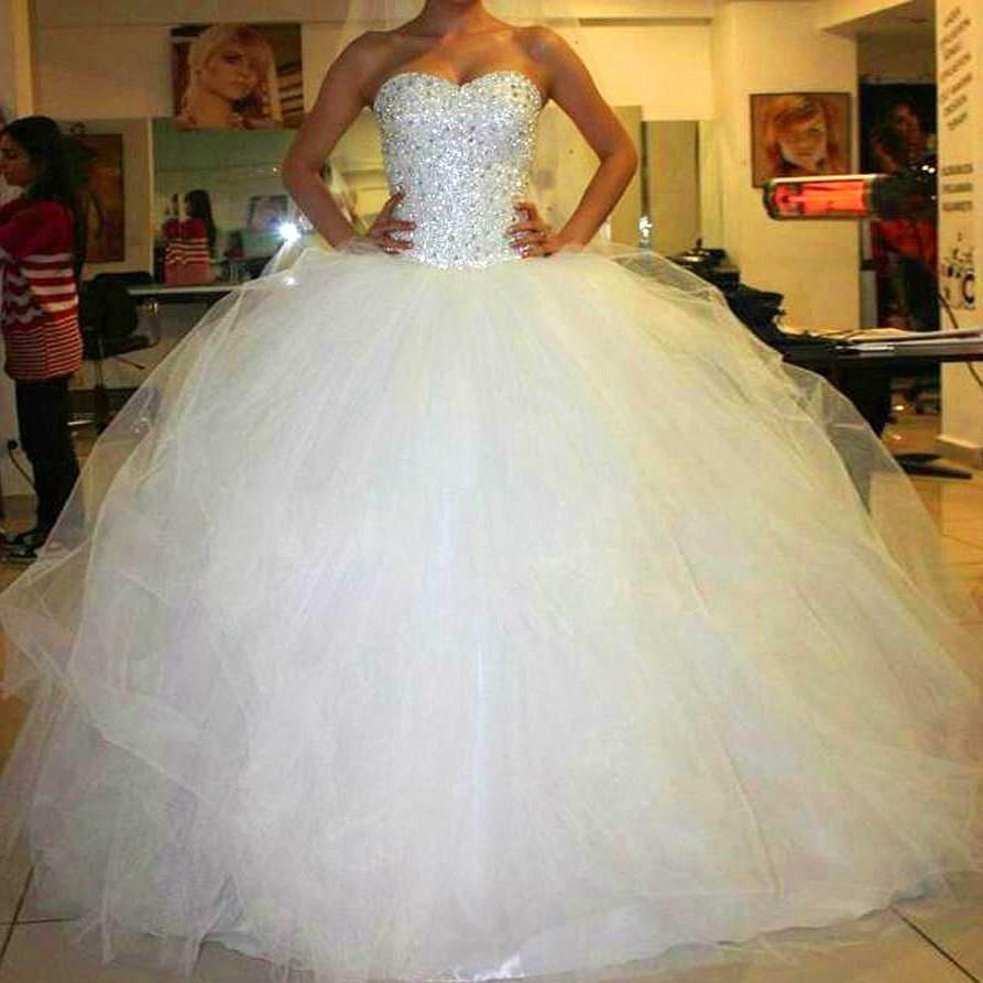 Sparkling Crystal Beaded Corset Bodice Ball Gown Tulle Wedding Dresses