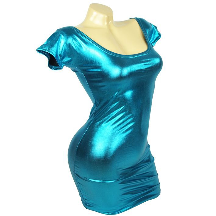 2019 Sexy Women Sexy Clubwear Blue Metallic Short Sleeve Lycra Mini