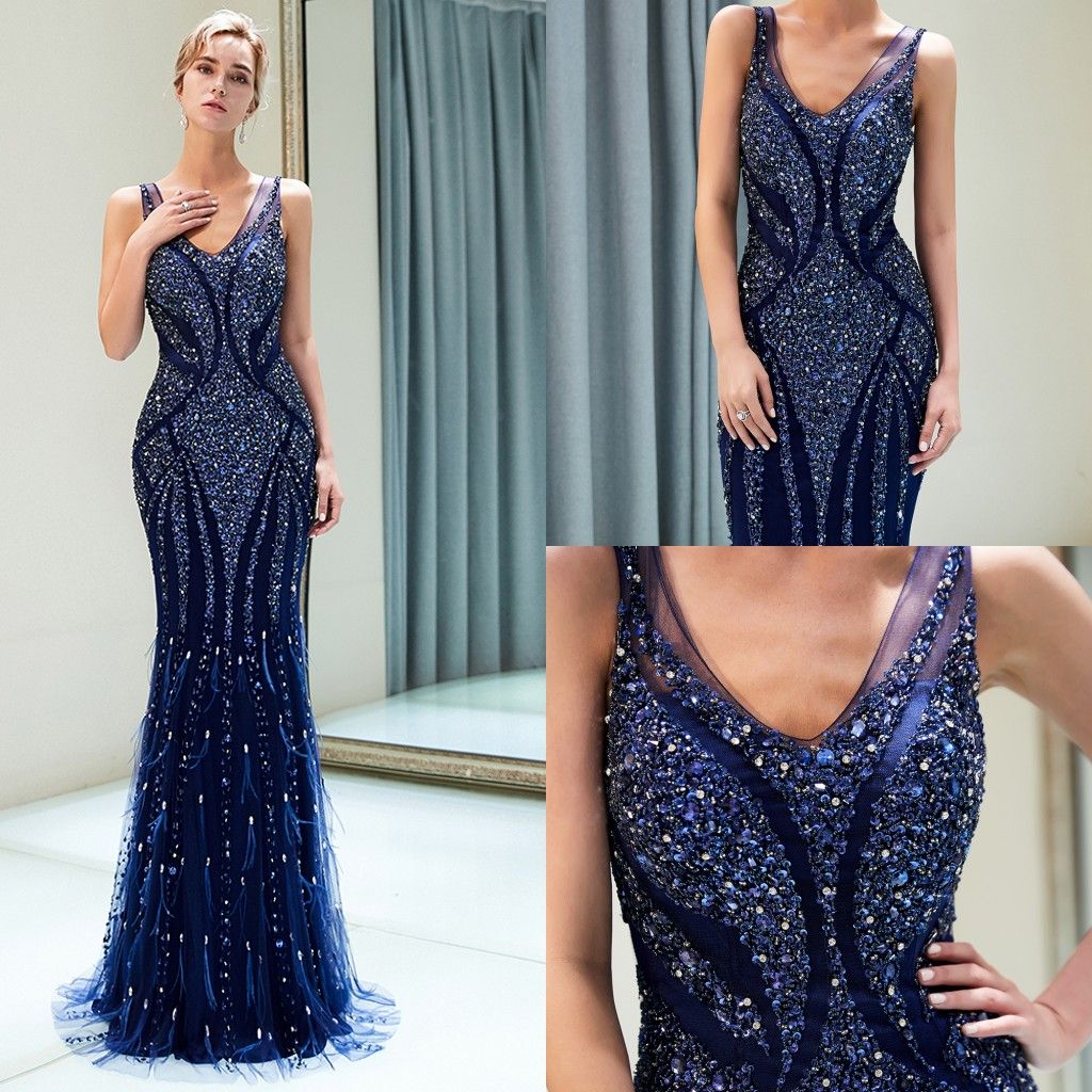 Designer Navy Blue Beaded Designer Evening Dresses Luxury Mermaid