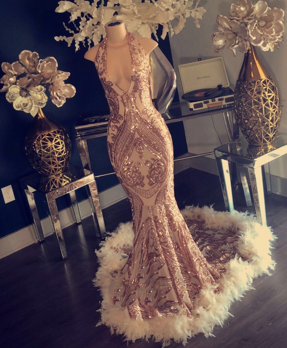 Gold Mermaid Prom Dresses Sexy Deep V Neck Hater Sparkly Lace Feather Black Girl Special