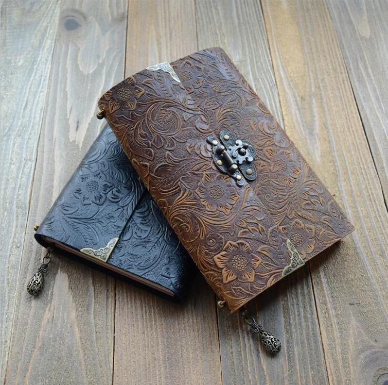 2020 Vintage Retro Flower Carved Leather Notebook Notepad Journal ...