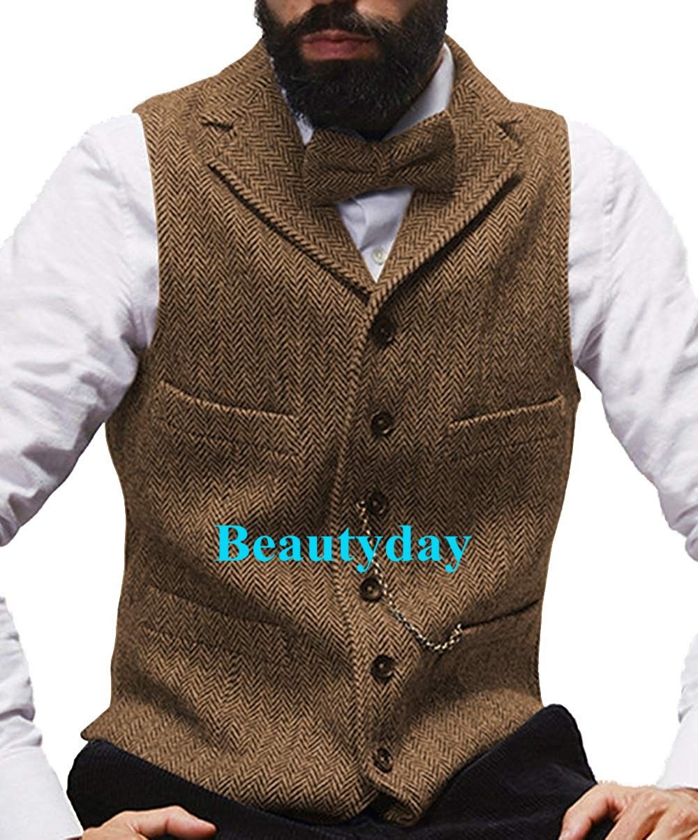2019 Farm Brown Groom Vests Wool Herringbone Tweed Vest Slim Fit Men'S ...