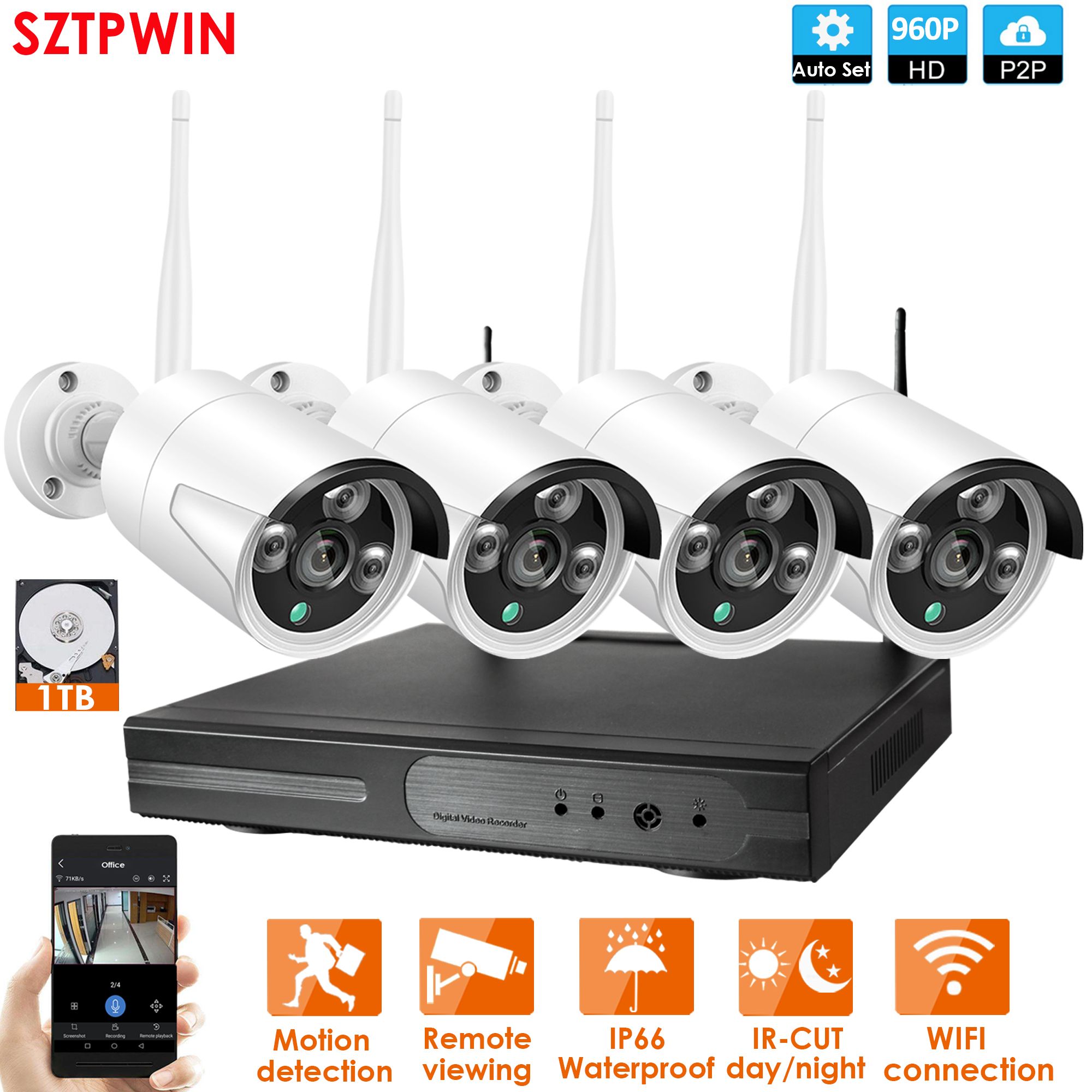Compre Sistema De CCTV 4CH Inalámbrico 960P NVR 1.3MP IR Exterior P2P Wifi IP CCTV Sistema De ...