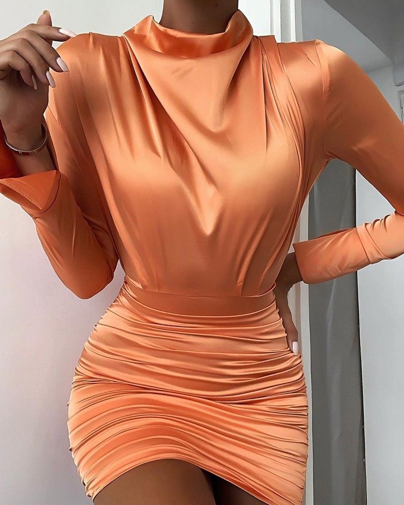 Solid Mock Neck Ruched Slit Cuff Bodycon Dress Female Elegant Long