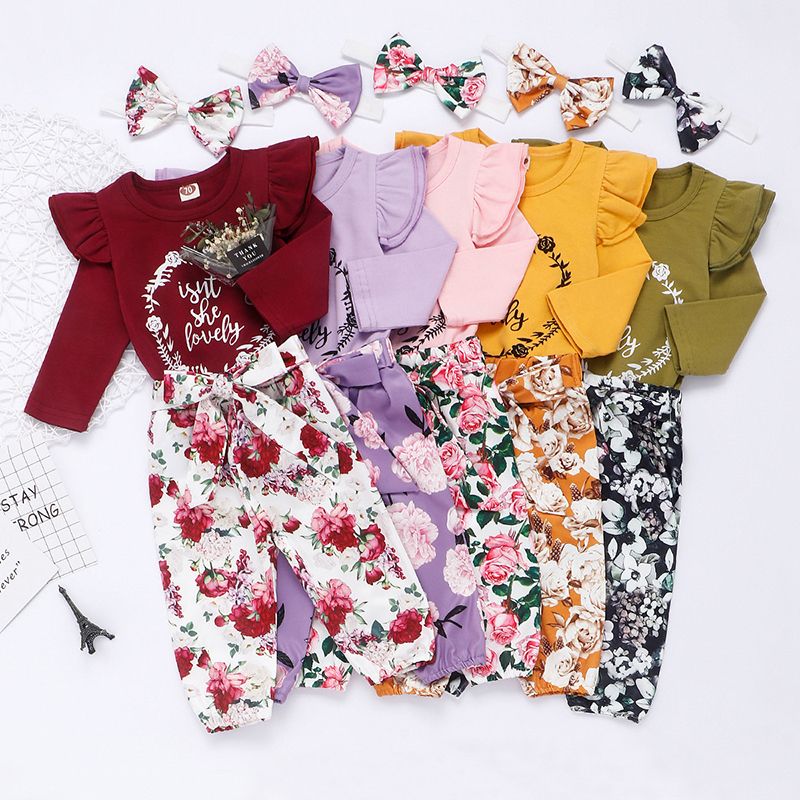 2020 Ins Baby Floral Clothing Set Letter Ruffle Long Sleeves Romper Top ...