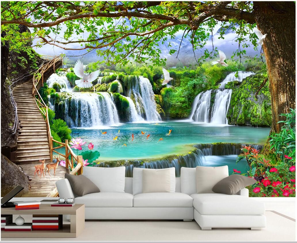 3d Wallpaper Custom Photo Mural Simple Green Tree Forest Waterfall