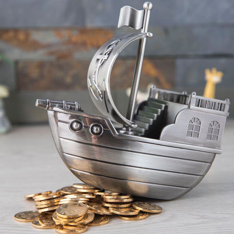 Vintage Pewter Finish Pirate Ship Money Bank Retro Metal Piggy Bank ...