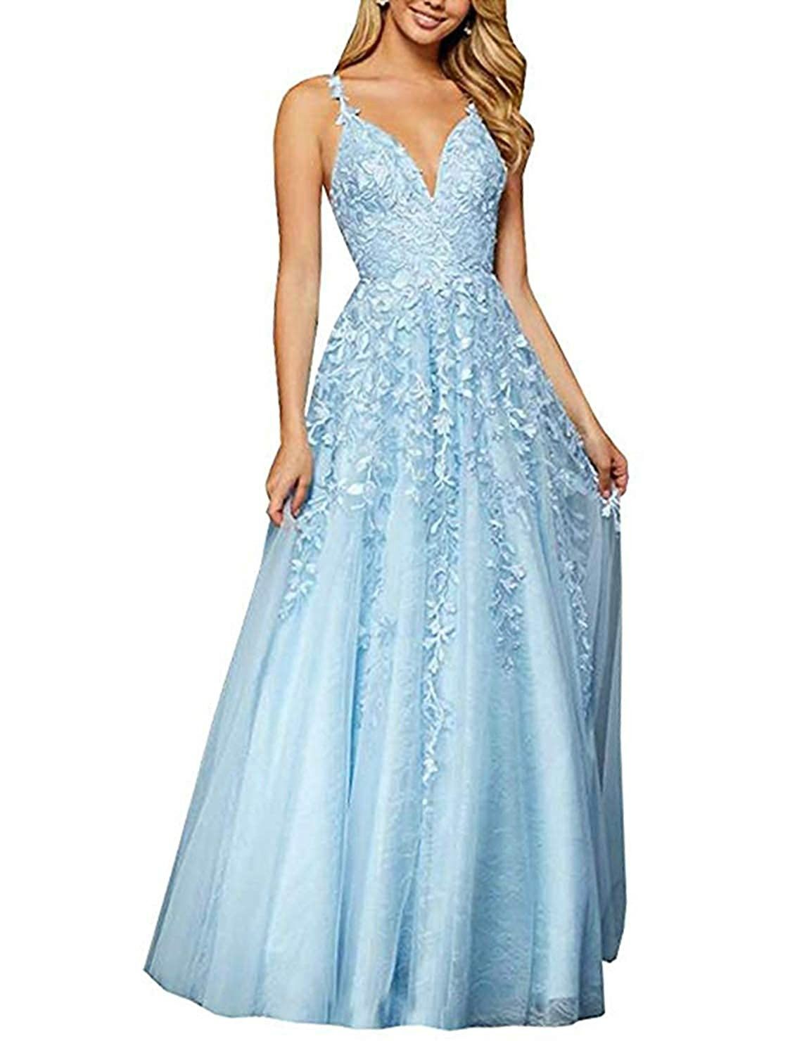 Womens Spaghetti Strap V Neck Tulle Long Evening Dresses Lace Backless