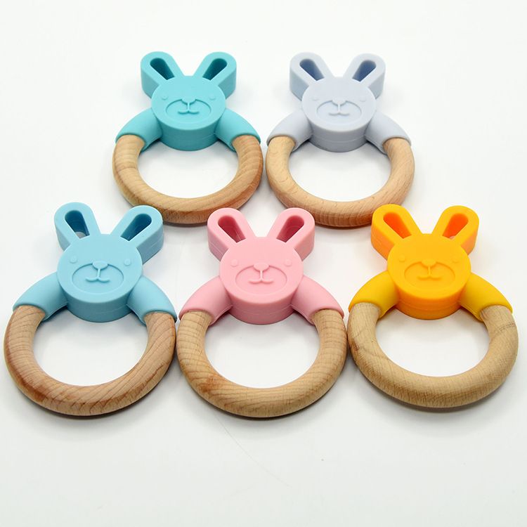 2021 Bunny Silicone Teether Wood Teething Ring Baby Chewable Toys ...