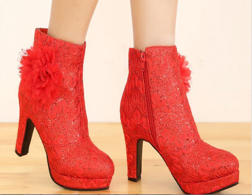 Red Lace Wedding Shoes High Heel Bridal Ankle Boots With Handmade ...
