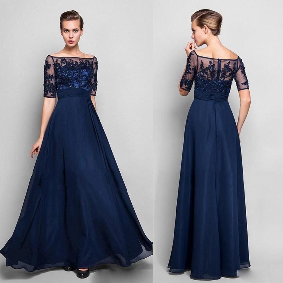 Navy Blue Evening Dresses 2015 Elie Saab Half Sleeves Beaded Chiffon ...