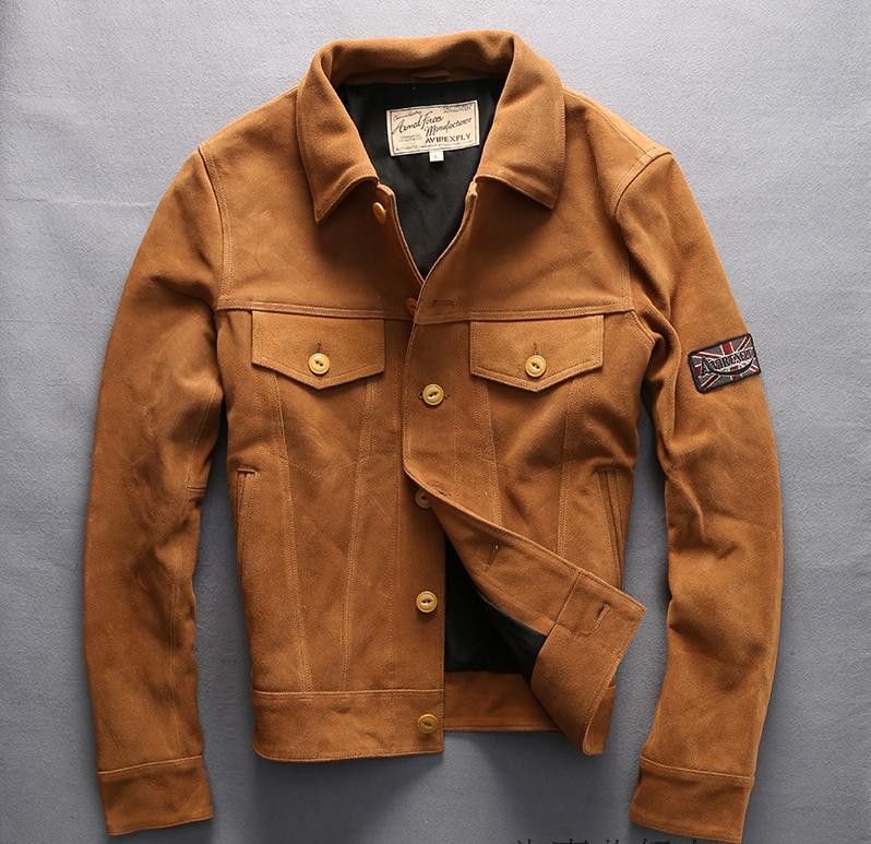 Yellow Black Avirex Fly Suede Genuine Leather Jackets Slim Fit Lapel ...