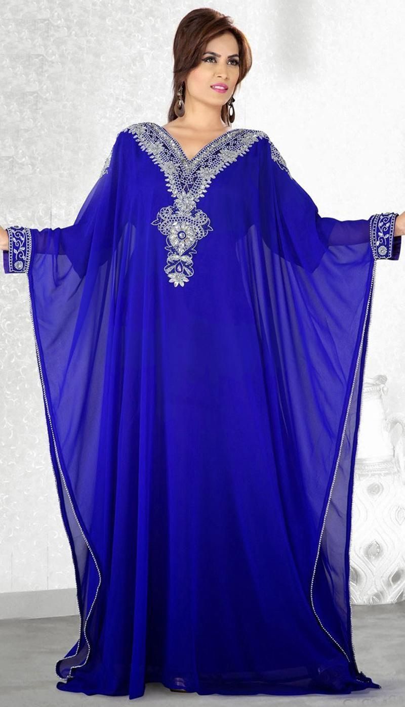 Fashion Royal Blue Muslim Abaya Long Sleeves V Neck Arabic Evening