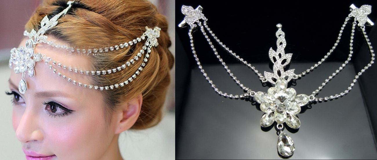 3 Strand Crystal Dangle Forehead Tiara Crown Headband Bridal Pageant ...