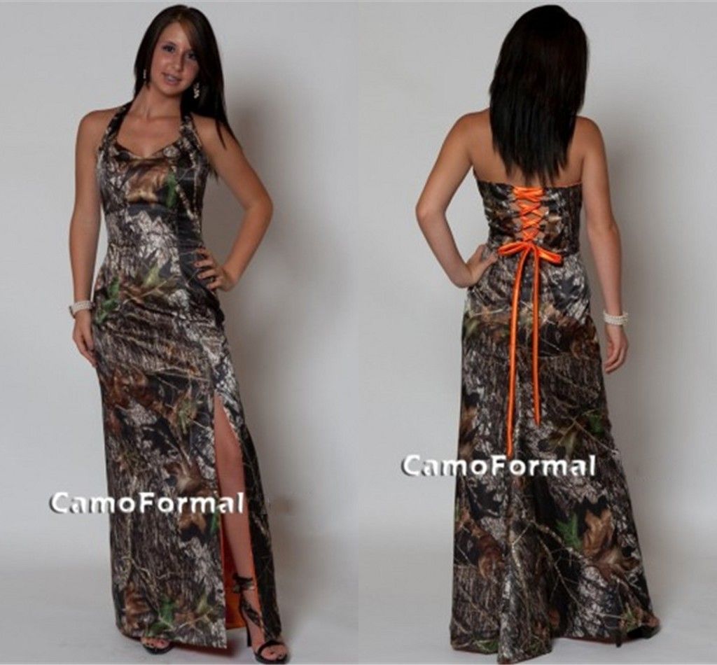 Halter Lace Up Back Camo Bridesmaid Dresses Split Side Sexy Camouflage