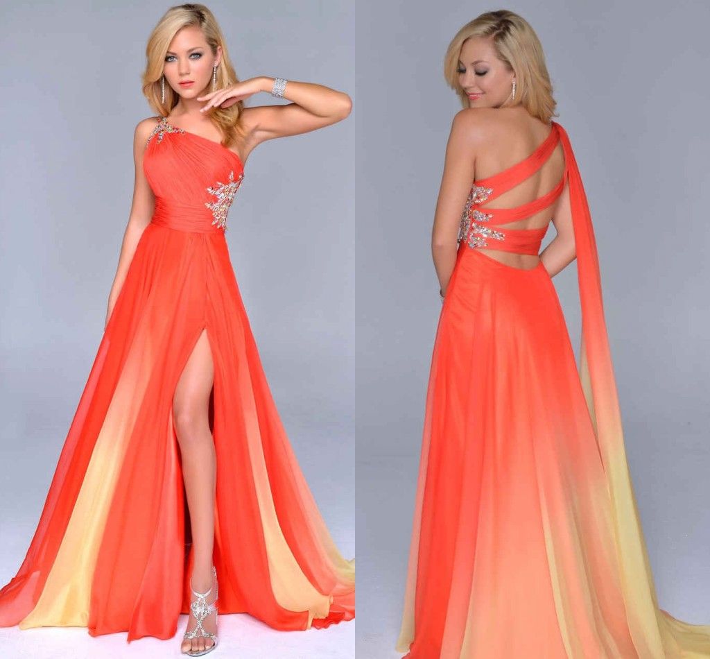 Gradient Ombre Prom Dresses Orange Chiffon Side Split Evening Formal