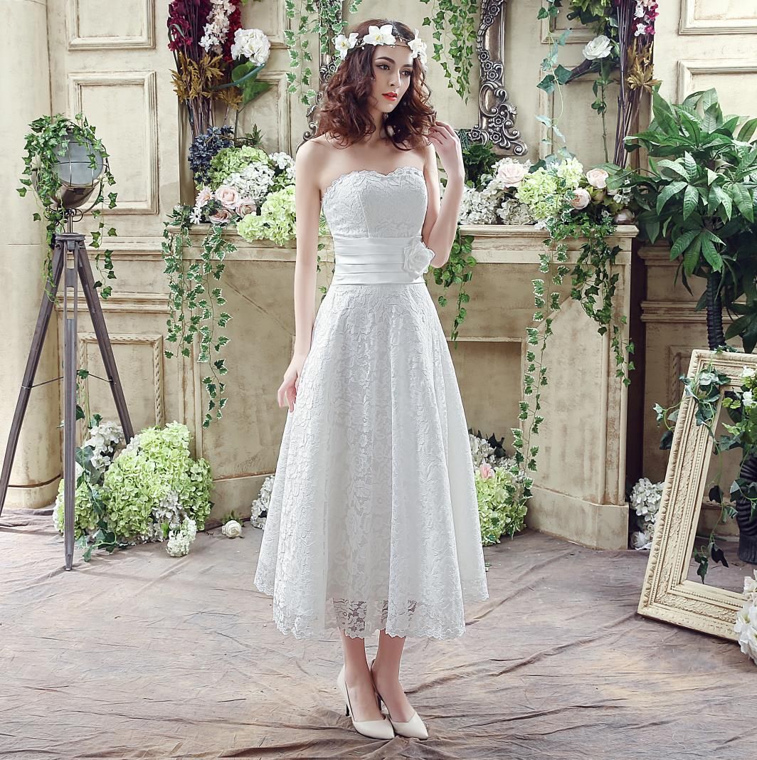 Romantic Tea Length Lace Beach Wedding Dresses Cheap 2016 Sweetheart