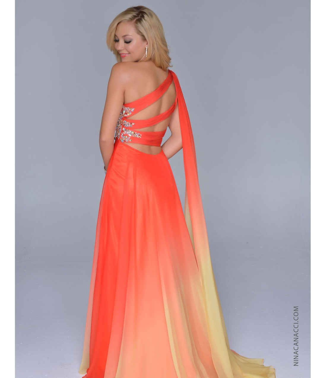 Gradient Ombre Prom Dresses Orange Chiffon Side Split Evening Formal