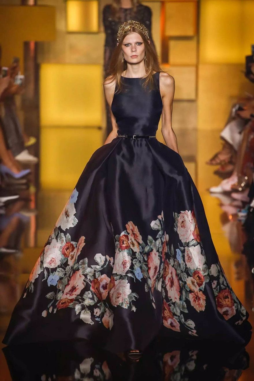 2016 Elie Saab Black Printed Evening Gowns Fashionable Jewel A Line ...