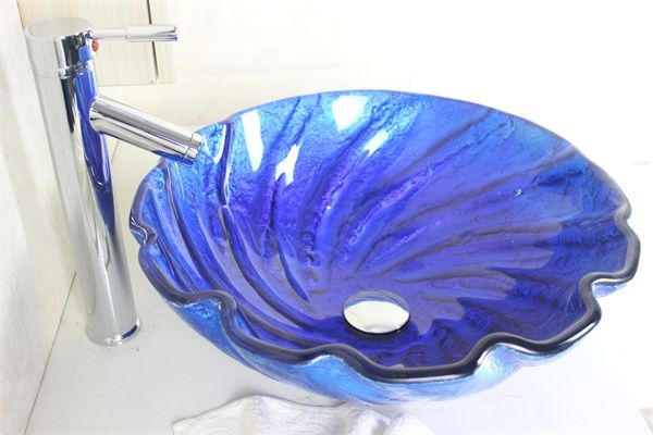 Navy Blue Shell Shaped Bathroom Sink Tempered Glass Vessel Sink With ...