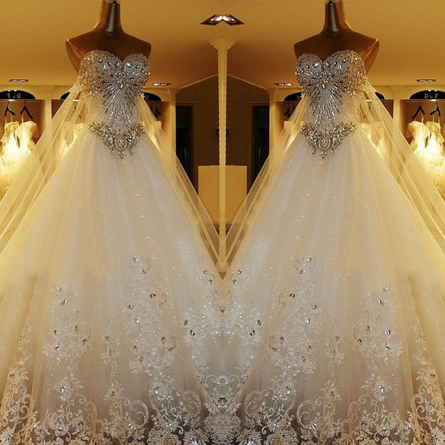 Luxury Crystal Cathedral Train Ball Gown Wedding Dresses With Strapless ...