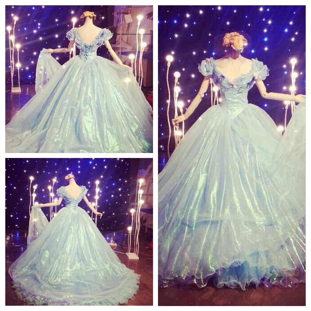 2015 New Movie Cinderella Prom Dresses Ball Gown Organza V Neck Capped ...
