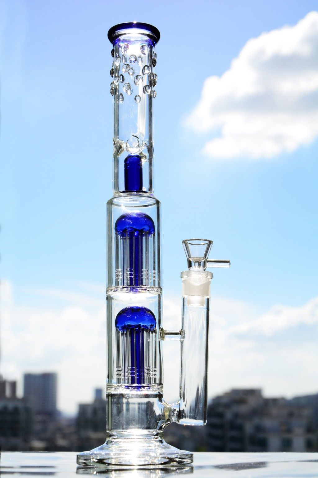 2020 Newest Blue Straight Tube Black Glass Bongs With Double 2 Layers ...