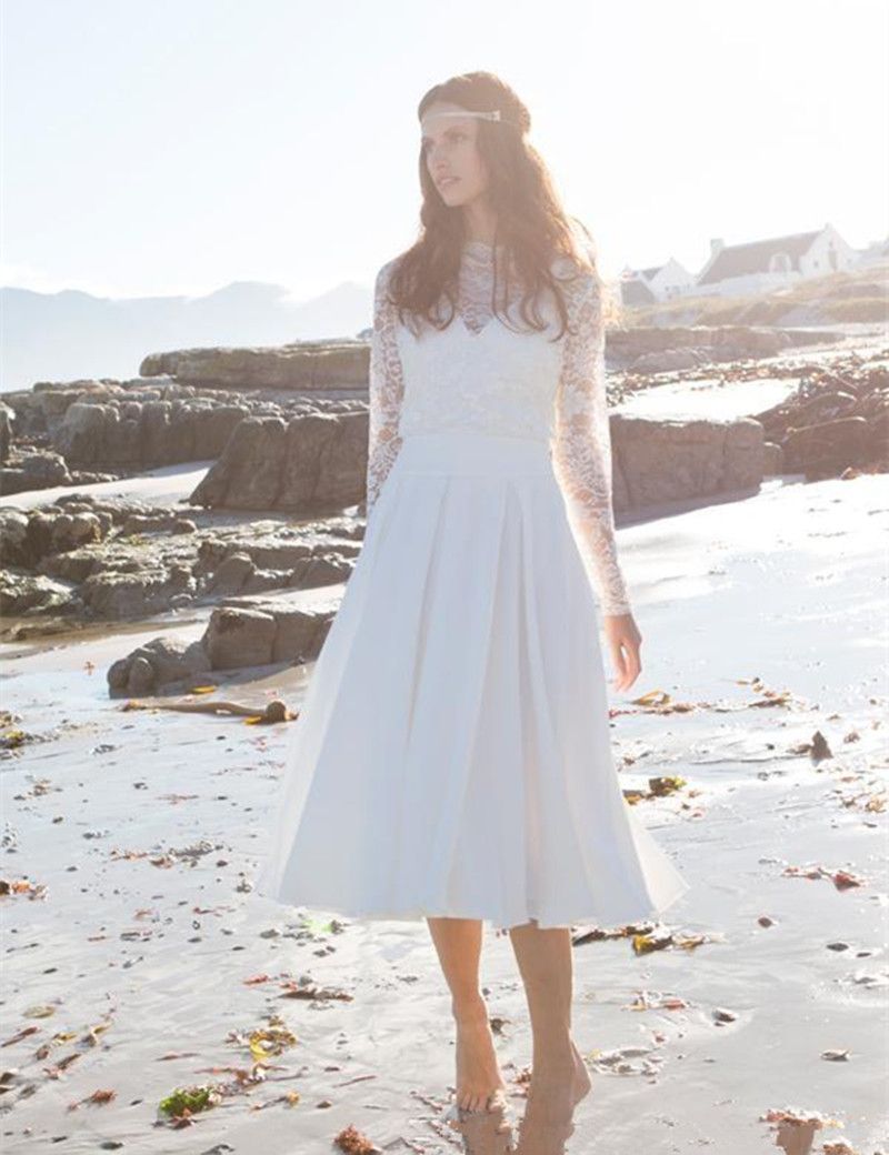 Discount 2017 Modern Tea Length Casual Beach Wedding Dress Long Sleeve