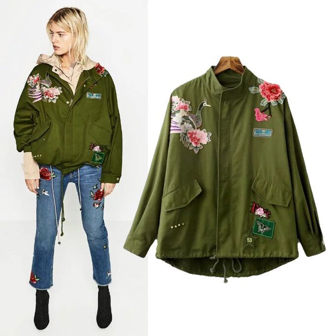 Jacket Women Embroidery Parker Jackets Spring Jacket Military Army Green Embroidery Loose